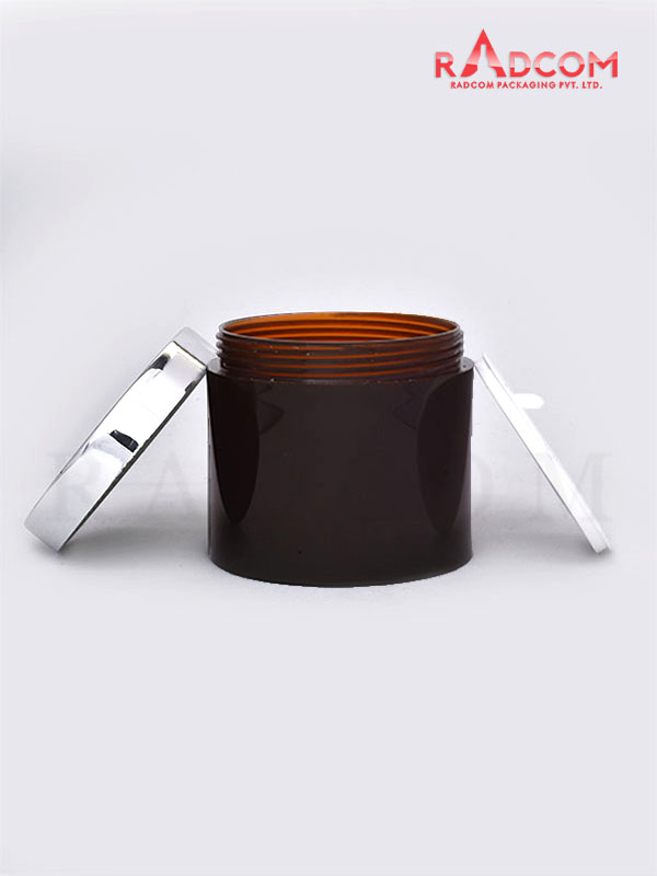 100 GM Amber SAN Cream Jar with Lid and Shinny Silver Metalized ABS Cap